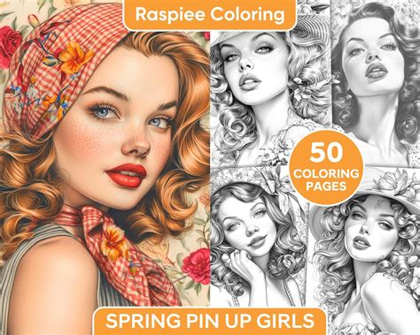 50 Vintage Spring Pin Up Girls Grayscale Adult Coloring Pages Printab