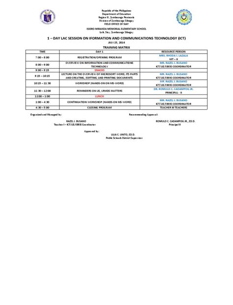 Busano Ict Training Matrix Pdf Information Technology Computing