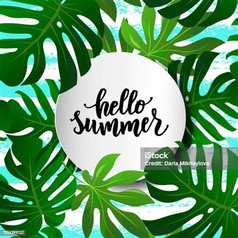 안녕하세요 여름 손 레터링 텍스트 트로픽는 로고 라벨 배지 아이콘 엽서 카드 초대장 배너 템플릿으로 떠난다 특별 여름 판매