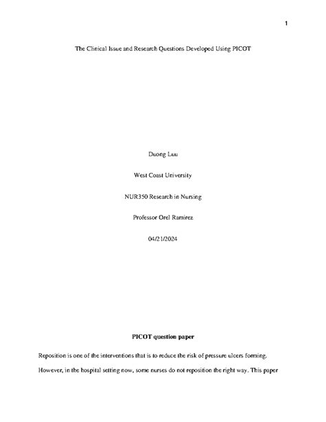 PICOT Question Assignment The Clinical Issue And Research Questions Developed Using PICOT