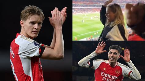 Video Martin Odegaards Girlfriend Helene Spilling Hilariously Dances Along To Arsenal Fans