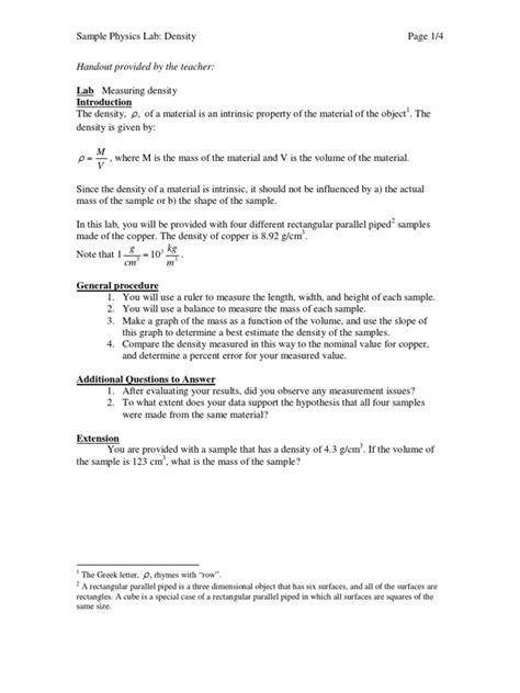 Sample Physics Lab Density Pdf Density Measurement