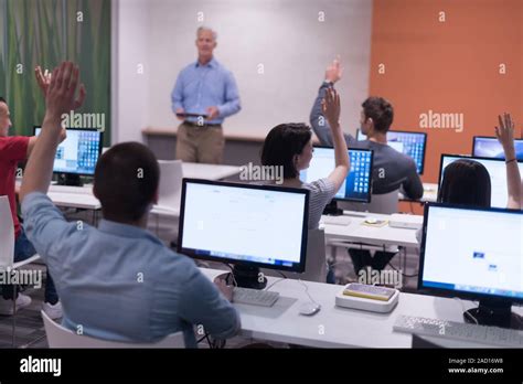 Teacher And Babes In Computer Lab Classroom Stock Photo Alamy