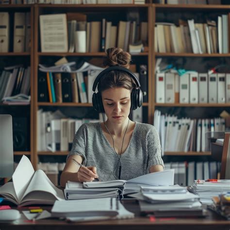 Young Female Student In Headphones Listening To Music While Studying In