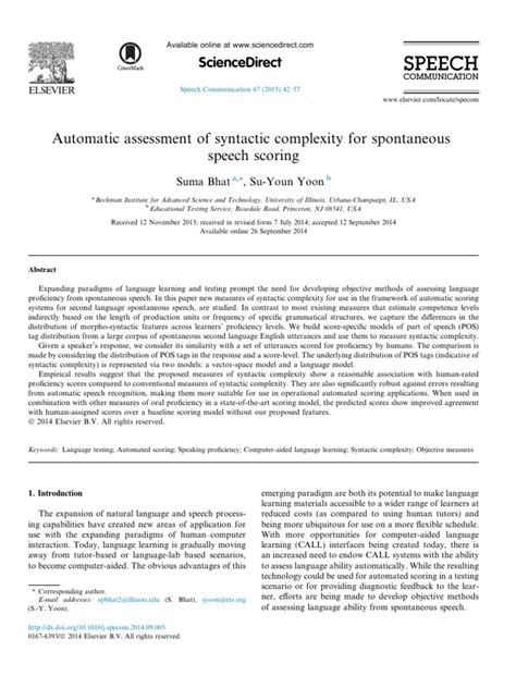 Automatic Assessment Of Syntactic Complexity For Spontaneous Speech Scoring Pdf Language