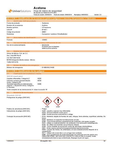 Hoja De Seguridad De Acetona Ghs Pdf Solubilidad Residuos
