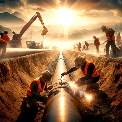 Pipeline Construction Workers Are Installing And Assembling The