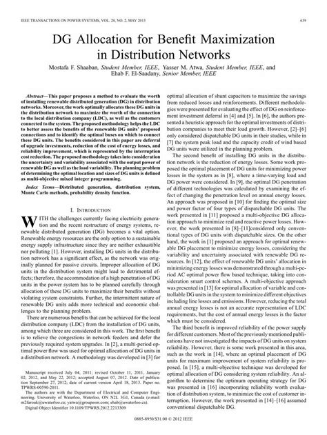 pdf dg allocation for benefit maximization in distribution networks