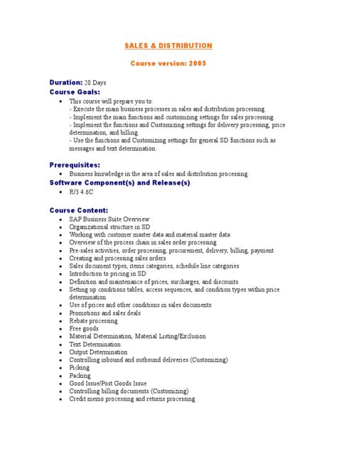 sd course contants pdf sales sap se