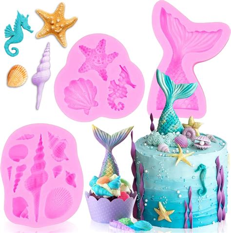 Amazon.com: SAKOLLA Mermaid Theme Silicone Fondant Mold - Mermaid Tail Seashell Starfish ...