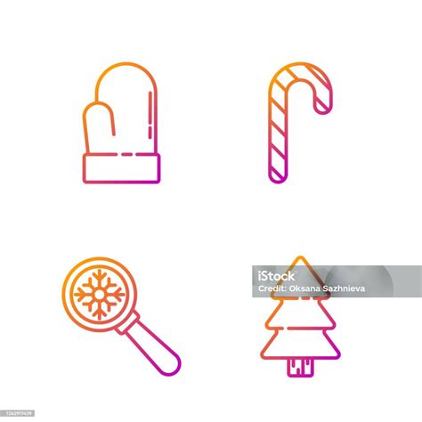 세트 라인 크리스마스 트리 눈송이 크리스마스 장갑과 줄무늬 크리스마스 사탕 지팡이와 돋보기 돋보기 그라데이션 색상 아이콘입니다 벡터 12월에 대한 스톡 벡터 아트 및 기타