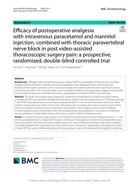 Pdf Efficacy Of Postoperative Analgesia With Intravenous Paracetamol And Mannitol Injection