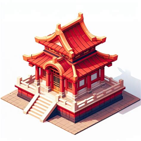 Cute Temple In Red Tone Isometric Premium Ai Generated Image