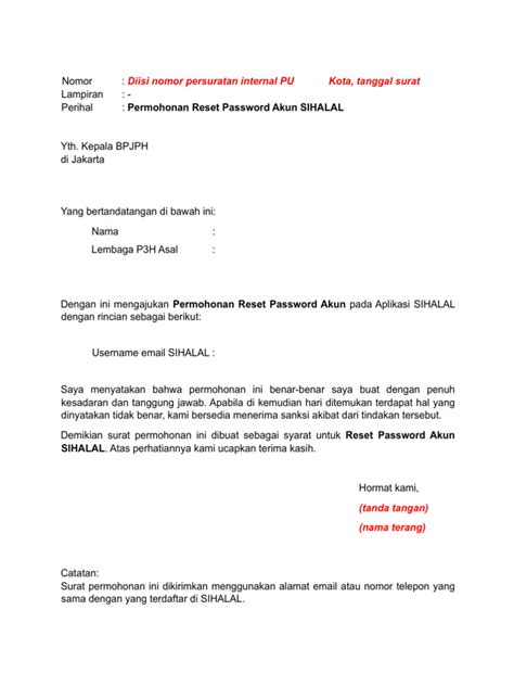 Permohonan Reset Password Akun Sihalal Pendamping Pph Pdf