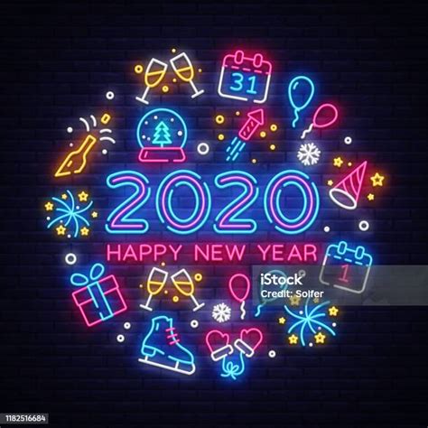 새해 복 야 2020 네온 아이콘 세트 벡터입니다 메리 크리스마스 컬렉션 네온 사인입니다 밝은 간판 빛 배너 현대 트렌드 디자인 야간 조명 간판 엠블럼 디자인 템플릿 벡터