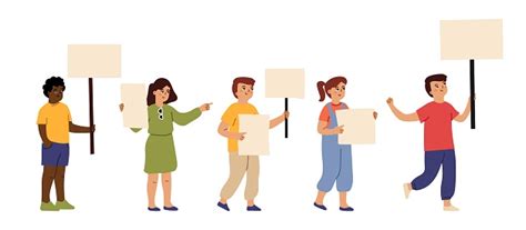 플래카드가 달린 아이들 귀여운 아이들이 시연하고 빈 현수막을 들고 만난다 젊은 활동가 만화 플랫 유치원 또는 학교 벡터 문자 공란에 대한 스톡 벡터 아트 및 기타 이미지