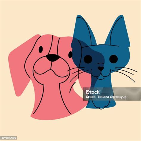 개와 고양이 아바타 배지 포스터 로고 템플릿 인쇄 Riso 인쇄 효과가 있는 미니멀한 스타일의 벡터 그림입니다 플랫 만화 스타일