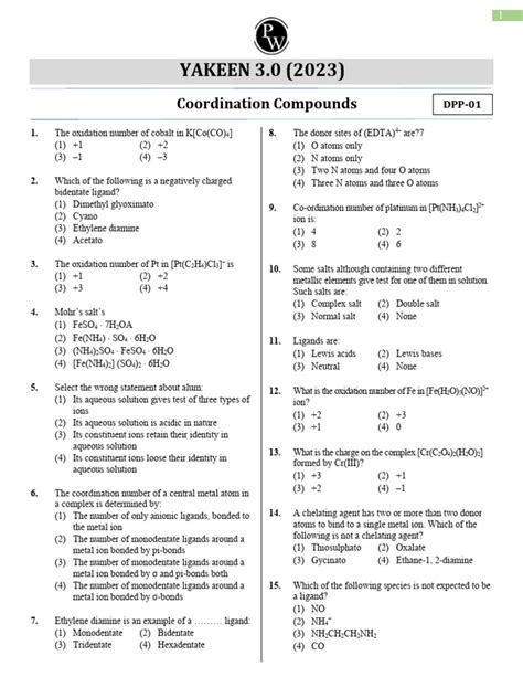 Coordination Compounds Dpp 01 Of Lecture 3 Yakeen 30 2023 Pdf