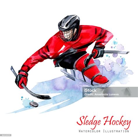 수채화 그림입니다 썰매 하 키입니다 장애 눈 스포츠입니다 퍽을 얼음에 장애인된 선수의 그림 적극적인 사람입니다 장애 그리고 사회 정책입니다 사회 지원입니다 익 스 트림 게임