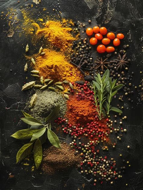A Dynamic Assortment Of Spices Forms A Bold Spectrum On A Stark Black