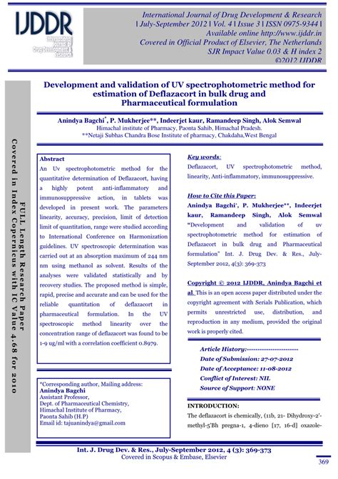 Pdf Development And Validation Of Uv Spectrophotometric Method For Estimation Of Deflazacort