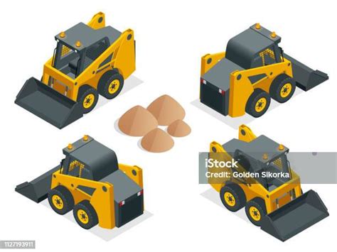 아이소메트릭 소형 굴 착 기입니다 주황색 휠 로더 조종 흰색 배경에 고립 스키드 스티어 로더에 대한 스톡 벡터 아트 및 기타 이미지 스키드 스티어 로더 건설 산업