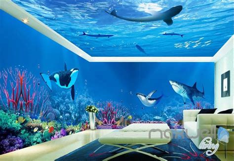 3d Whale Shark Underwater Ceiling Entire Living Room Bathroom Wallpaper