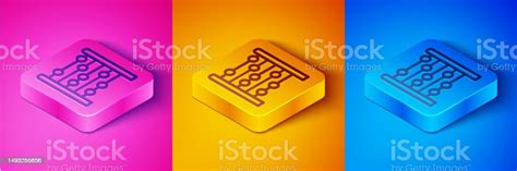 등각 투영 라인 주판 아이콘은 분홍색과 주황색 파란색 배경에 분리되어 있습니다 전통적인 카운팅 프레임 교육 기호입니다 수학 학교 정사각형 버튼 벡터 3차원 형태에 대한 스톡