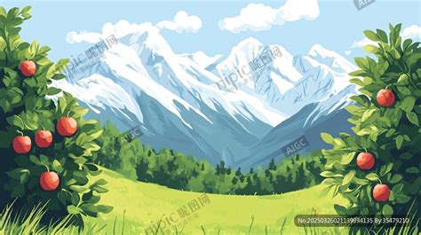 Ai创作图山景 苹果 果园 绿树 草地 雪山 蓝天 白云 植被 森林 果实 自然风光 田园 清新 宁静 昵图网
