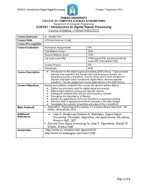 Digital Signal Processing Course Syllabus Pdf Digital Signal