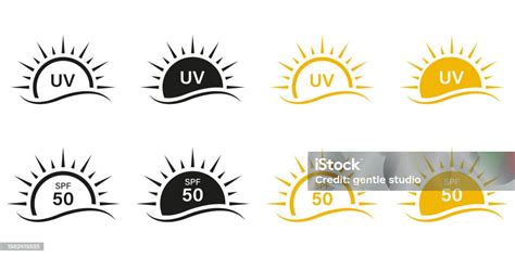 Uv 피부 보호 픽토그램 세트 자외선 차단 크림 라벨 반대로 자외선은 태양 방사선 상징 수집을 차단합니다 자외선 차단제 로션