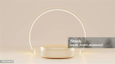 베이지 색 배경에 유리 빛나는 아치와 선명한 반지연단 또는 받침대 시상식빈 원통형 무대 제품 프레젠테이션 플랫폼 파스텔 색상의 스튜디오 룸 3d 렌더 야구 플레이트에 대한
