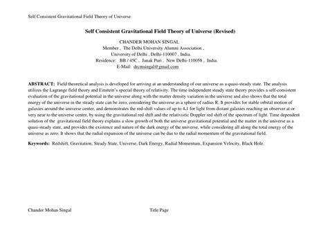 Pdf Self Consistent Gravitational Field Theory Of Universe Revised