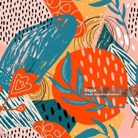 추상적인 원활한 배경 밝은 반점 점 질감 선 그런지 식물 가지 잎 다양한 모양 현대적인 패치워크 디자인 직물 인쇄 벽지에 대한