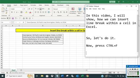 Insert Line Break Within A Cell In Excel Youtube