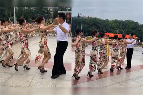 大叔领着一群阿姨，跳“老鹰捉小鸡”式交际舞：咋一看以为是特效