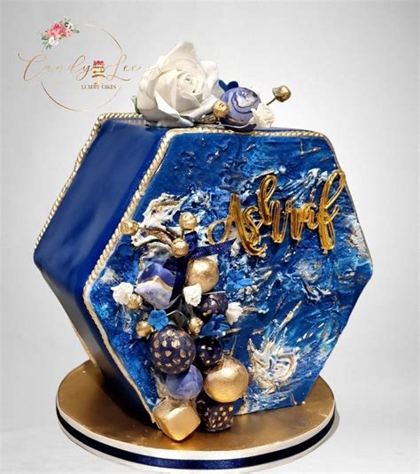Royal Blue White And Gold Hexagonal Birthday Cake