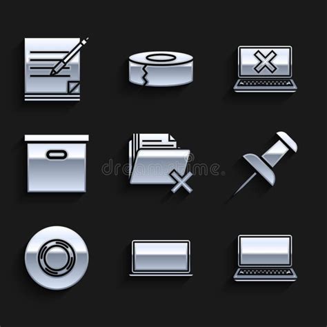 set delete folder laptop push pin scotch carton cardboard box and
