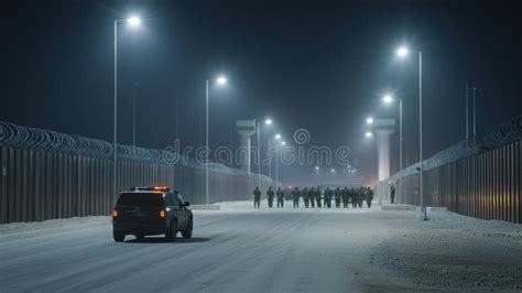 High Security Border Checkpoint At Night With Military Personnel And