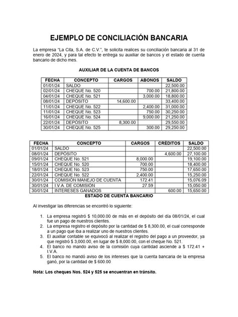 Ejemplo Conciliación Bancaria Pdf Bancos Cheque