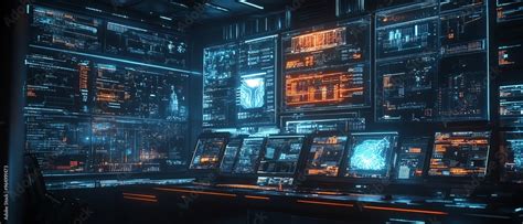 Futuristic Hacking Console With Multiple Screens Showing Realtime Data