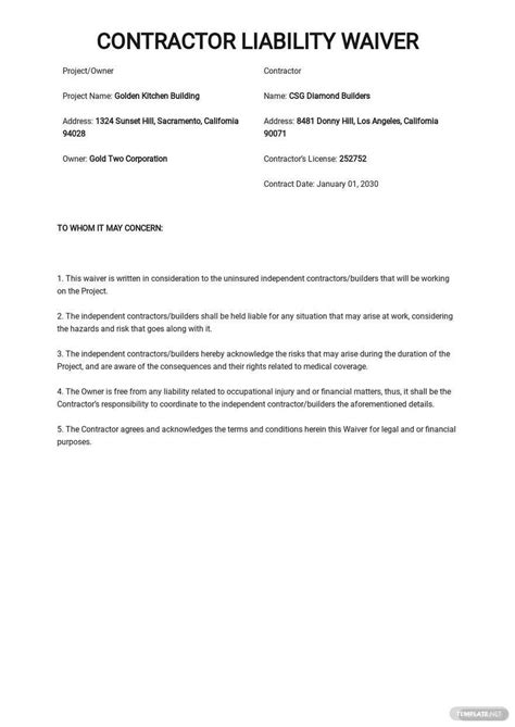 Contractor Liability Waiver Template