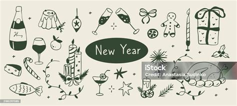 낙서 잉크 스타일에 대한 인사말 카드에 대 한 새해 요소 세트 휴일 손으로 그린 메뉴 아이콘 모음입니다 샴페인 케이크 칠면조 양초 크리스마스 저녁 식사 음식 스케치 개체