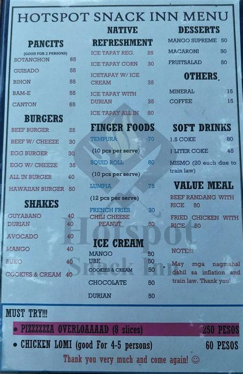 menu at hotspot cafe balindong
