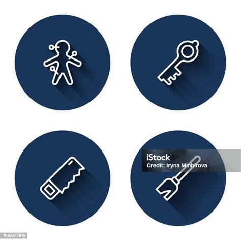 세트 라인 부두 인형 오래된 마법 열쇠 손톱 및 긴 그림자가 있는 마녀 빗자루 파란색 원 버튼입니다 벡터 건강관리와 의술에 대한 스톡 벡터 아트 및 기타 이미지 Istock