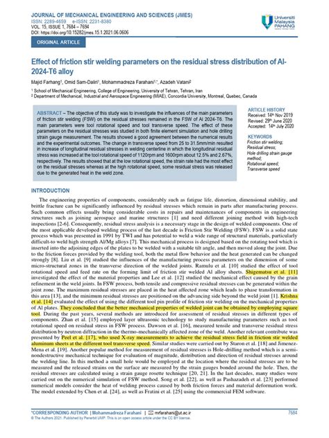 Effect Of Friction Stir Welding Parameters On The Residual Stress Distribution Of Al2024 T6