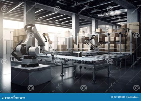 Packaging And Sorting Robot Working In Close Proximity To Other Robots With View Of Futuristic