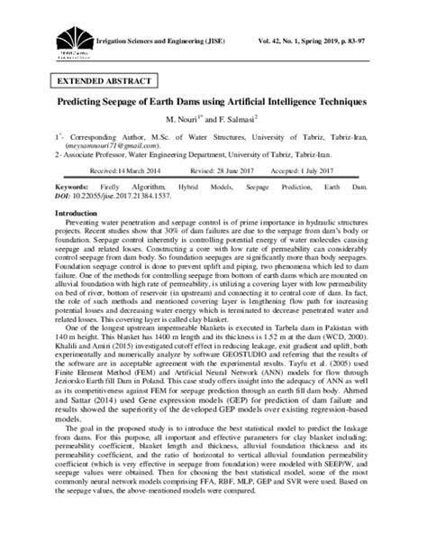 Pdf Predicting Seepage Of Earth Dams Using Artificial Intelligence Techniques