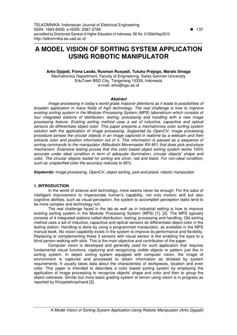 Pdf A Model Vision Of Sorting System Application Using Robotic Manipulator