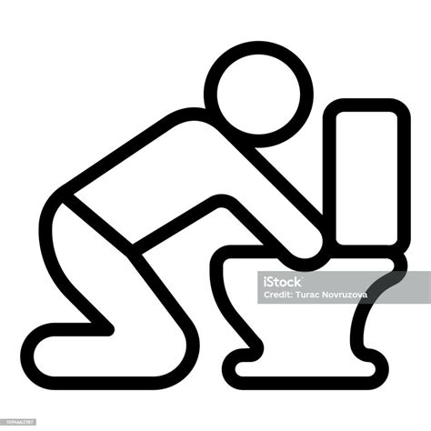 화장실 라인 아이콘 Officesyndrome 개념 흰색 배경에 있는 화장실과 남자 벡터 기호 남자와 화장실 개요 스타일 모바일 개념 웹 디자인에 무릎을 꿇은 남자 벡터